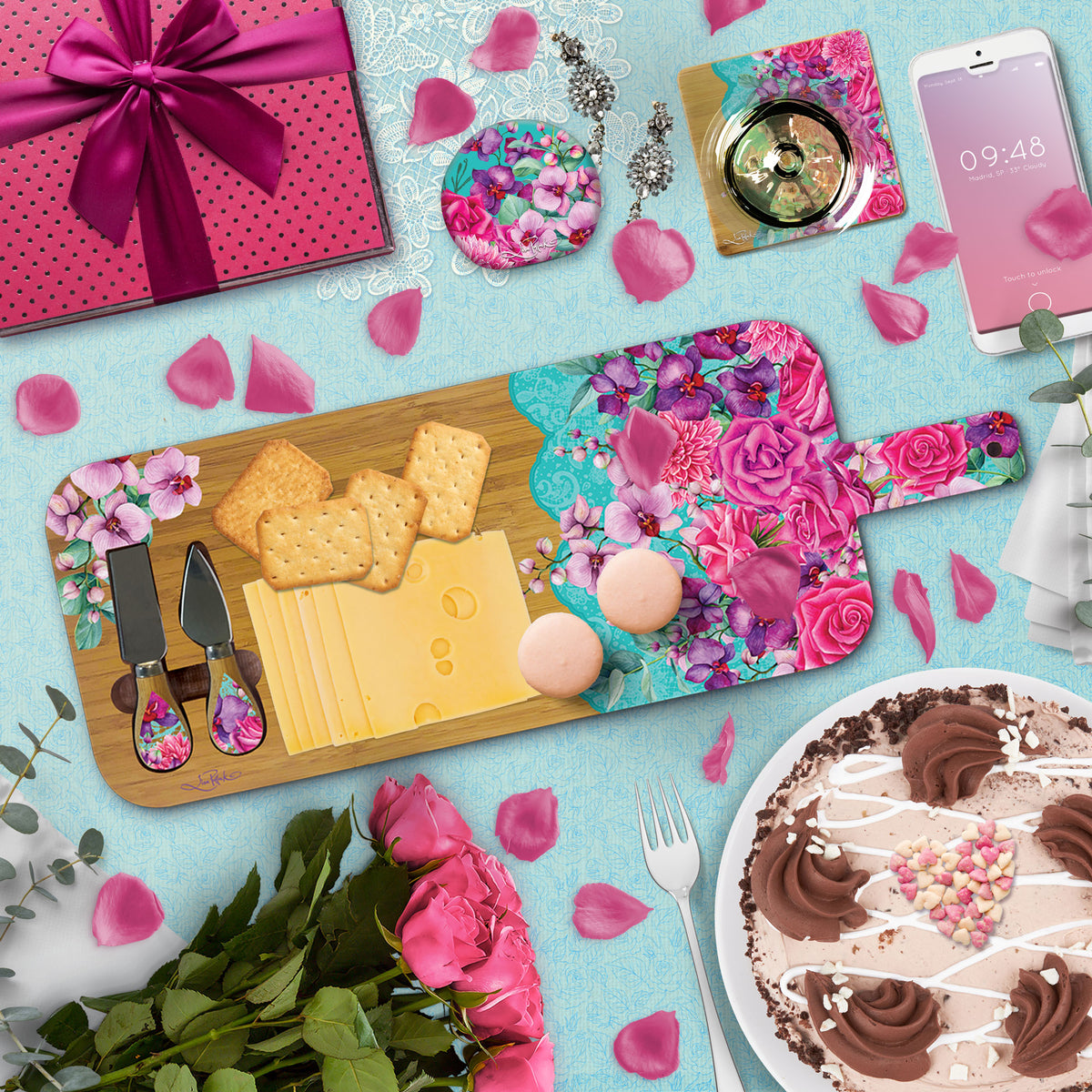 Large Board with knives - Rose Bouquet – Lisa Pollock